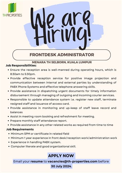Fatin Azmin On Linkedin Dear Connections We Are Hiring For Front Desk Administrator