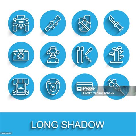 세트 라인 하이킹 배낭 야생 사자 오프로드 자동차 사냥 카트리지 벨트 주사기 아프리카 부족 남성 나무 및 성냥 아이콘 벡터 0명에 대한 스톡 벡터 아트 및 기타 이미지