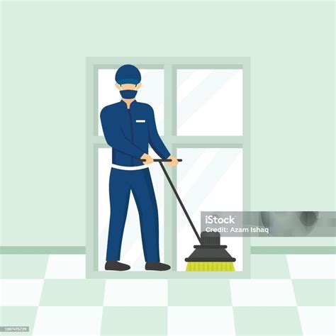 기계 컨셉 하우스 스위퍼 벡터 아이콘 디자인 산업 청소 서비스 기호 사무실 및 거리 관리인 사인 유지 보수 기기 및 장비 스톡 일러스트가있는 남자 스크러빙 플로어 가구에