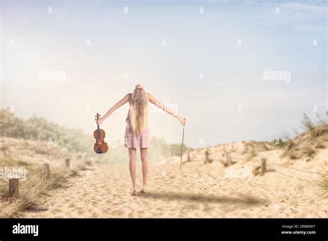 Rear View Of A Young Female Musician With Violin Instrument Spreading