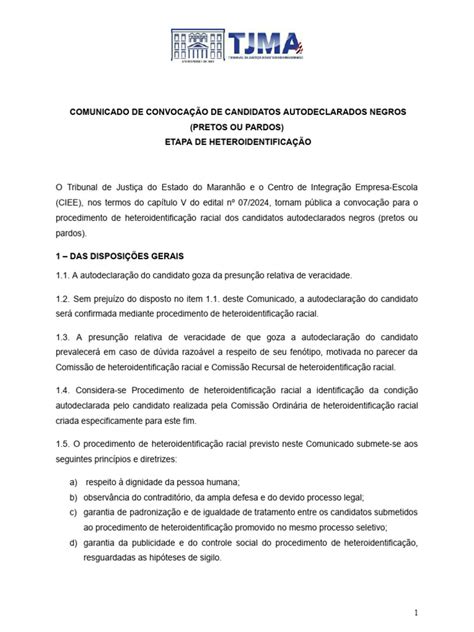 Comunicado De Convocação Heteroidentificação Edital 012024 Pdf