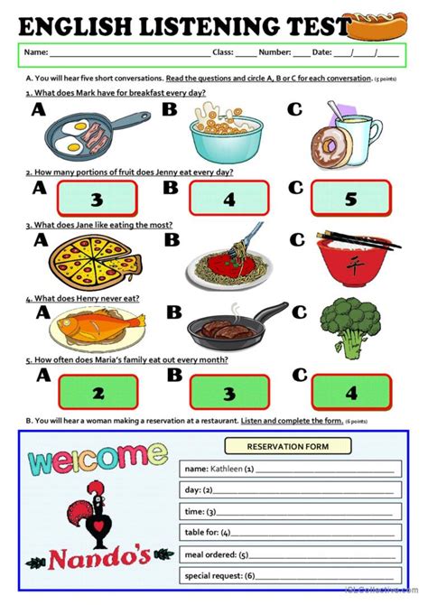 LISTENING A1 TEST FOOD English ESL Worksheets Pdf Doc