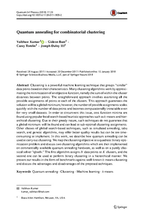 Quantum Annealing For Combinatorial Clustering Quantum Inf Process
