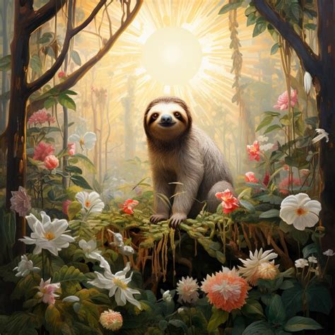 Premium Photo A Serene Image Of A Sloth Hanging Lazily From A Tree Branch