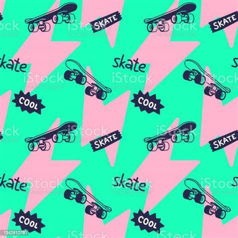 모노 컬러 스케이트 보드와 단어 스케이트의 벡터 일러스트 스케이트 보드와 플래시와 스케이트 보드 원활한 패턴 플랫 스타일 그린 배경 거리에 대한 스톡 벡터 아트 및 기타