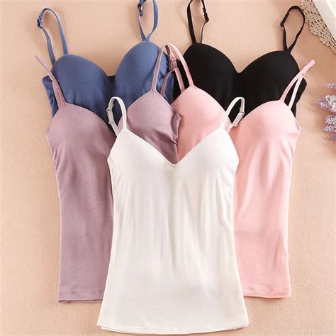 Buy Summer Adjustable Strap Built In Bra Tank Tops