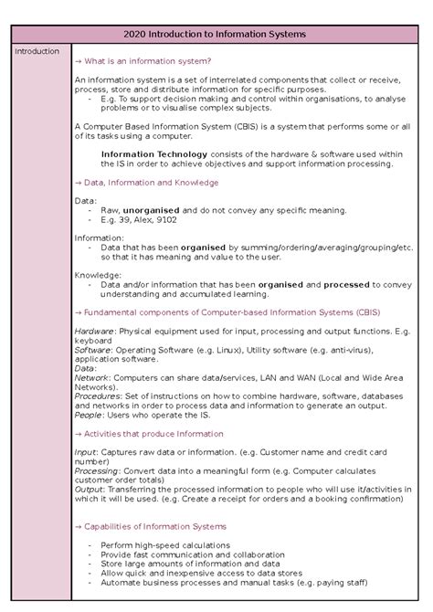 Intro To Information Systems Complete Notes 2020 Introduction To Information Systems
