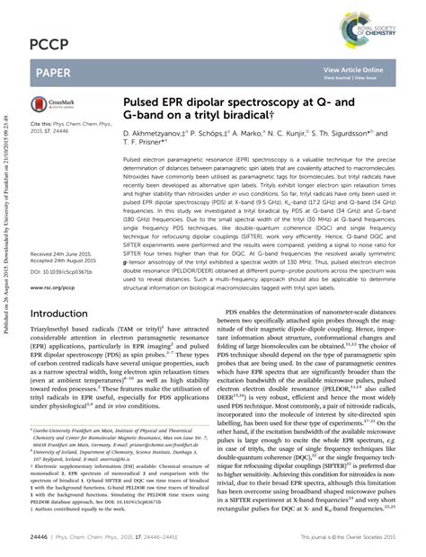 Pdf Pulsed Epr Dipolar Spectroscopy At Q And G Band On A Trityl Biradical