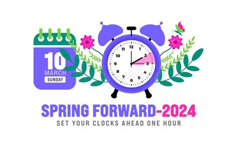 Spring Forward Concept 2024 Banner Daylight Saving Time Starts Background With Cartoon Doodle