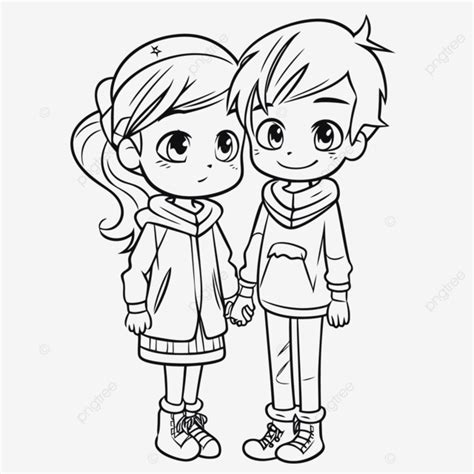 파란색 재킷을 입은 두 아이와 손을 잡고 있는 파란색 반바지를 입은 두 아이는 아웃라인 스케치 드로잉을 인쇄할 수 있는 색칠 페이지를 인쇄할 수 있습니다 벡터 연인 이미지