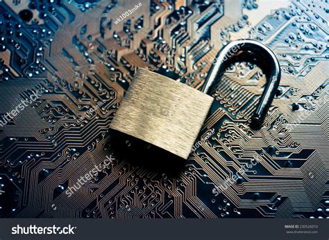 Unlock Security Lock On Computer Circuit Board Computer Security Breach Concept Stock Photo
