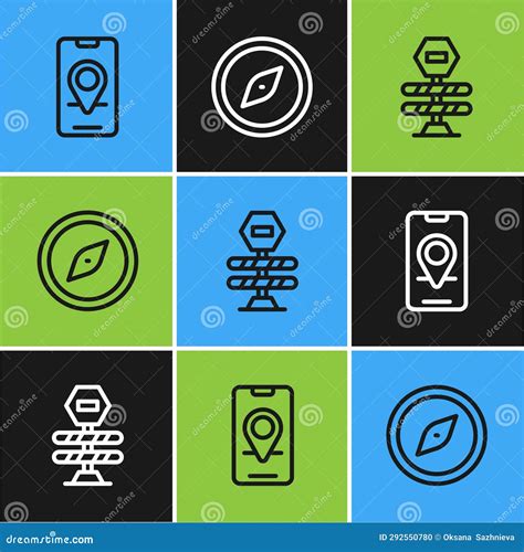 Set Line City Map Navigation Road Barrier And Compass Icon Vector Stock Illustration