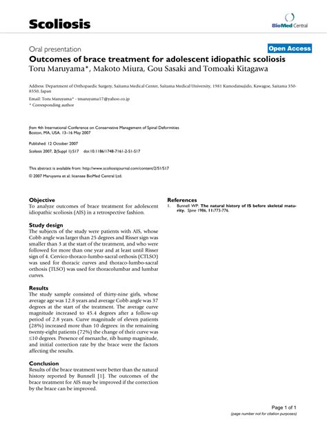 Pdf Outcomes Of Brace Treatment For Adolescent Idiopathic Scoliosis