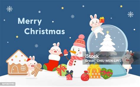 크리스마스 인사말 카드 귀여운 토끼 토끼와 눈사람이 행복하게 축하 눈덩이 선물 상자와 눈송이 해피 크리스마스와 새해 벡터 인사말