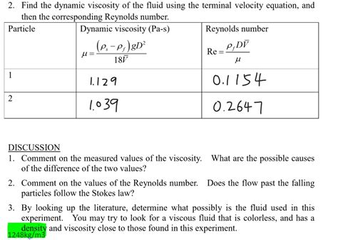 2 Find The Dynamic Viscosity Of The Fluid Using The Terminal Velocity Equation And Then The