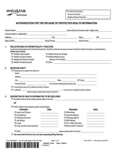 2012 Wellstar Authorization For The Release Of Protected Health