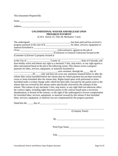 Unconditional Waiver And Release Upon Progress Payment Blank Fillable