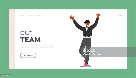 우리 팀 방문 페이지 템플릿 행복한 아프리카 남성 캐릭터가 손을 흔든다 젊은 긍정적 인 남자 인사말 제스처 아이에 대한 스톡