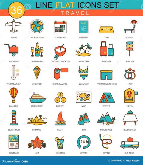 Vector Travel Traveling Flat Line Icon Set Modern Elegant Style Design For Web Stock Vector