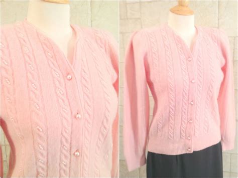 1980s 1990s Vintage Womans Pink Angora Blend Cardigan Sweater From