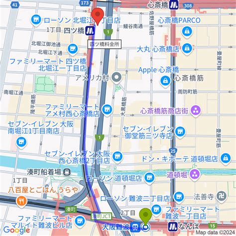 大阪難波駅から四ツ橋lmスタジオへのルートマップ Mdata