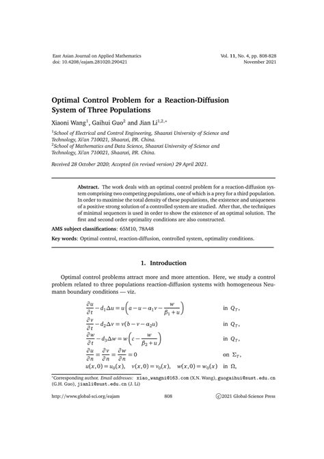 global science press optimal control problem for a reaction diffusion