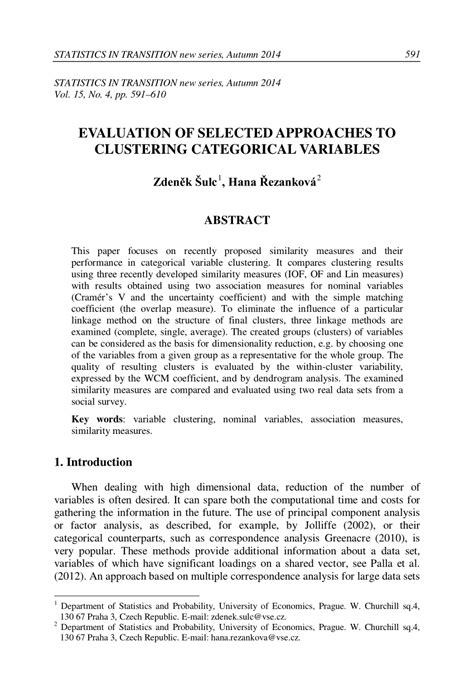 pdf evaluation of selected approaches to clustering categorical variables