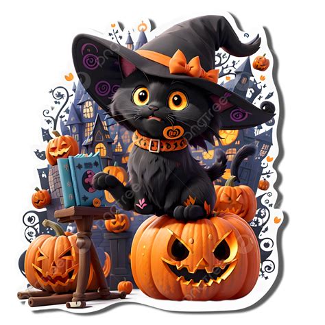 Bruja Gato Negro De Halloween En Libro Y Calabazas PNG Víspera De