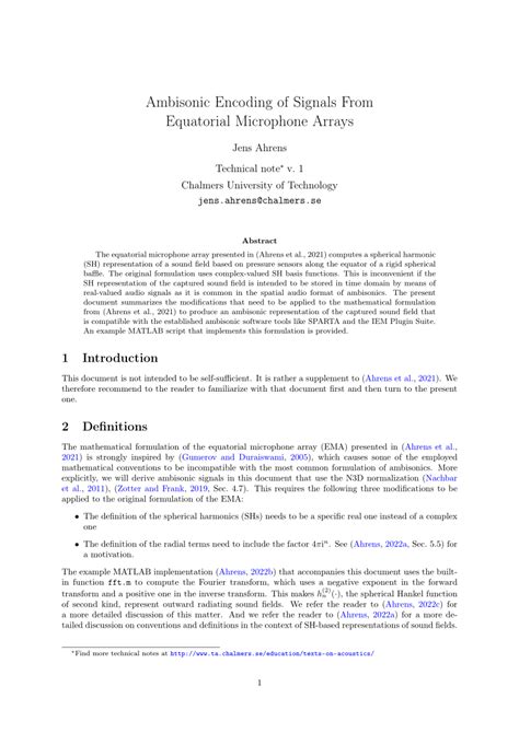 Pdf Ambisonic Encoding Of Signals From Equatorial Microphone Arrays