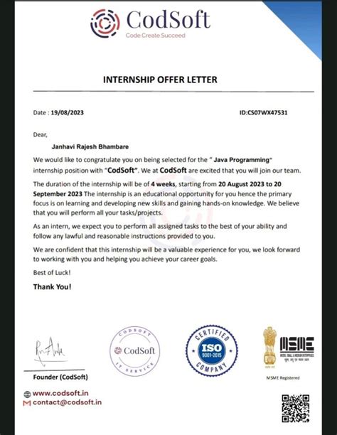 Janhavi Bhambare On Linkedin Java Codsoft Codsoftintern