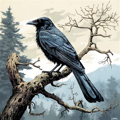 Premium Photo Illustration Of A Crow Perched On A Tree