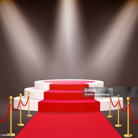 스포트라이트 3d 벡터에 의해 조명 레드 카펫과 스탠치온 라운드 연단 받침대에 대한 스톡 벡터 아트 및 기타 이미지 받침대 3d 렌더 3차원 형태 Istock