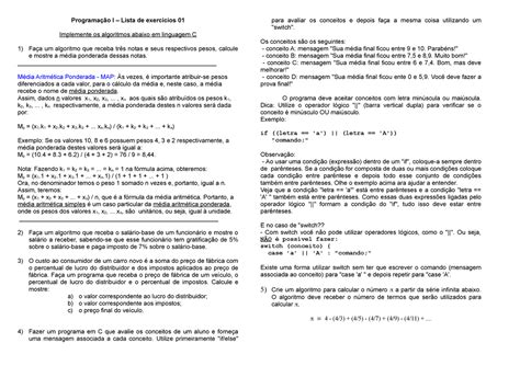 Exercícios 01 Programação I Lista de exercícios 01 para avaliar os conceitos e depois faça a