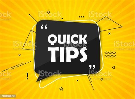빠른 팁 유용한 트릭 배너입니다 솔루션 및 조언의 아이콘입니다 검은 연설 줄무늬 방사형 노란색 텍스트와 거품 배경 Brand Name Online Messaging
