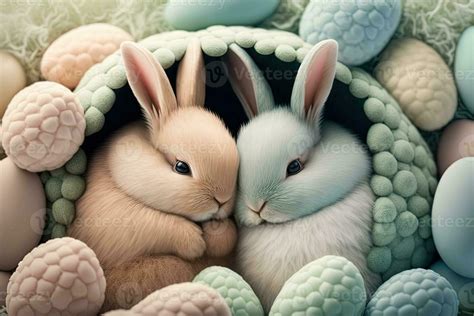 Cute Bunnies Cuddled Up Together Surrounded By Pastel Colored Easter