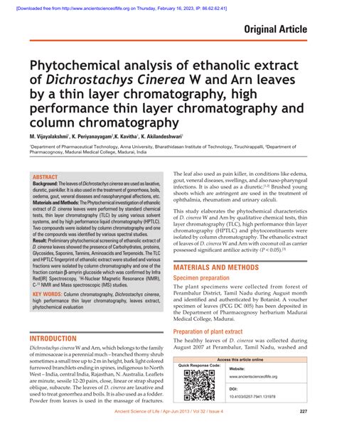 Pdf Phytochemical Analysis Of Ethanolic Extract Of Dichrostachys Cinerea W And Arn Leaves By A
