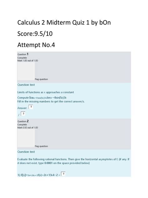 Calculus 2 Midterm Quiz 1 Assigment Pdf
