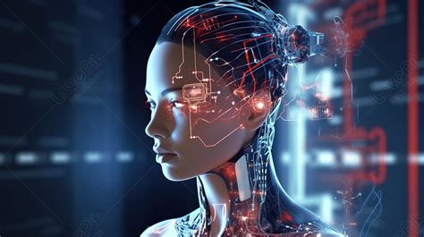 미래 산업 네트워크 기술적으로 진보된 배경에서 3d 렌더링된 여성 사이보그의 눈길을 끄는 컨셉 아트 눈길 배경 진보 배경 컴퓨터 기술 배경 이미지 Hd 눈길 진보