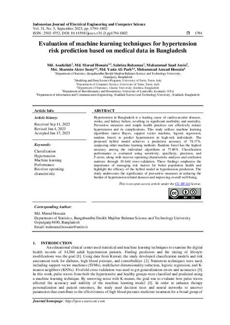 Pdf Evaluation Of Machine Learning Techniques For Hypertension Risk Prediction Based On