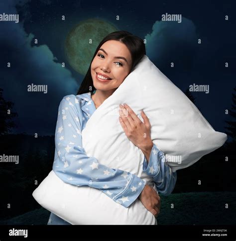 Asian Woman Holding Pillow Night Starry Sky With Full Moon On