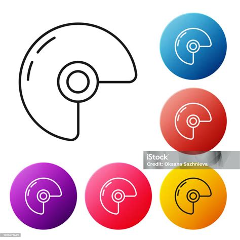 흰색 배경에 고립 된 검은 선 군사 헬멧 아이콘입니다 방위와 보호의 상징 육군 모자 보호 모자 아이콘 다채로운 원 버튼을 설정합니다 벡터 일러스트레이션 강철에 대한 스톡