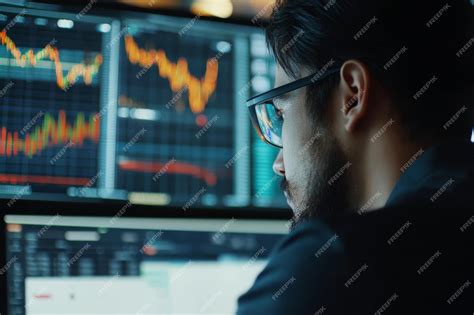 Stock Market Trader Analyzing Charts On Multiple Monitors At Night