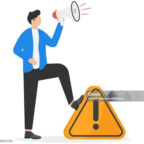 사업가가 느낌표에 주의를 기울여 확성기로 발표합니다 중요한 공지 사항 주의 또는 경고 정보 경고 및 경고 개념 속보 또는 긴급 메시지 통신 경계 표지에 대한 스톡 벡터 아트