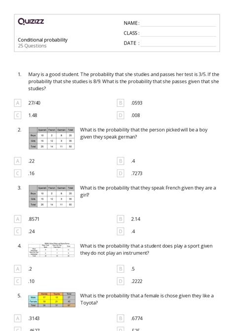 Conditional Probability Worksheets On Quizizz Free Printable