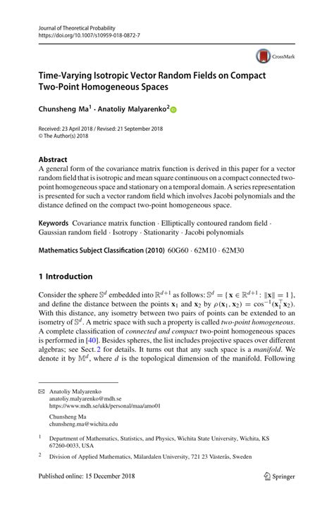 Pdf Time Varying Isotropic Vector Random Fields On Compact Two Point