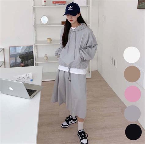 럽멜트 [set할인]스트링 심플 후드 아노락 트레이닝 세트 밴딩 롱스커트