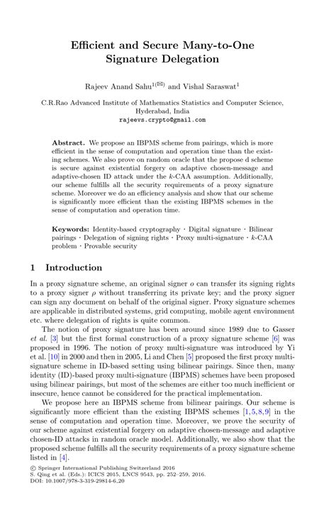 Pdf Efficient And Secure Many To One Signature Delegation