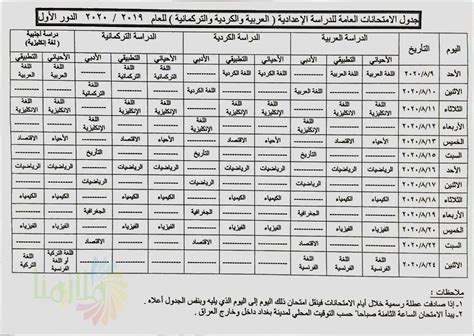 جدول امتحانات السادس اعدادي 2020 ملازمنا