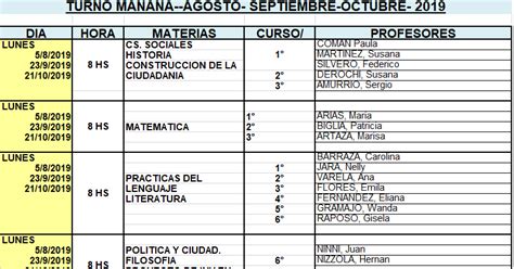 Cronograma de Mesas de Examenes Turno Mañana Previos Completa