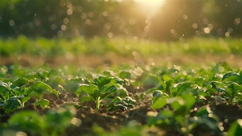 A Field Of Crops With An Integrated Rain Sensor Irrigation System
